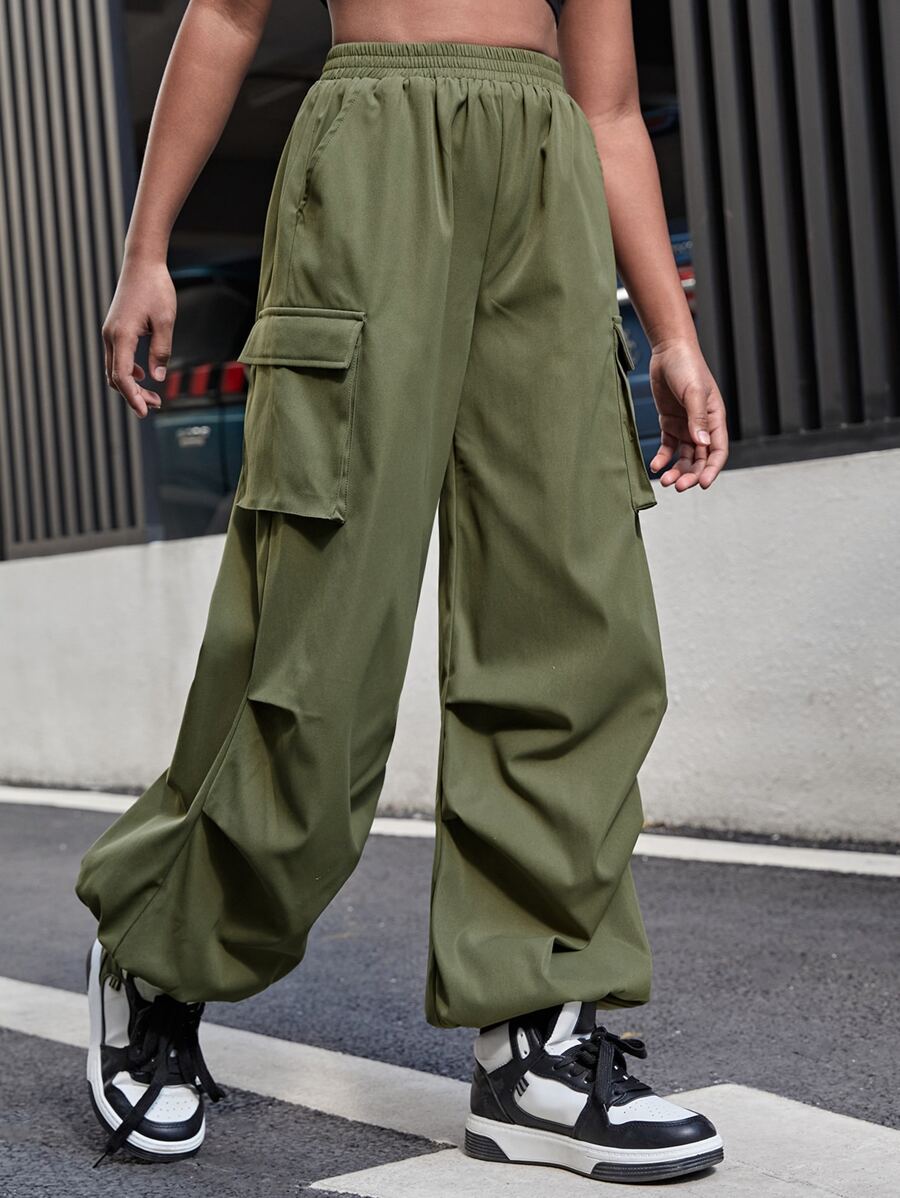 SHEIN Tween Girl Casual Elastic Waist Accordian Pocket Solid Color ...