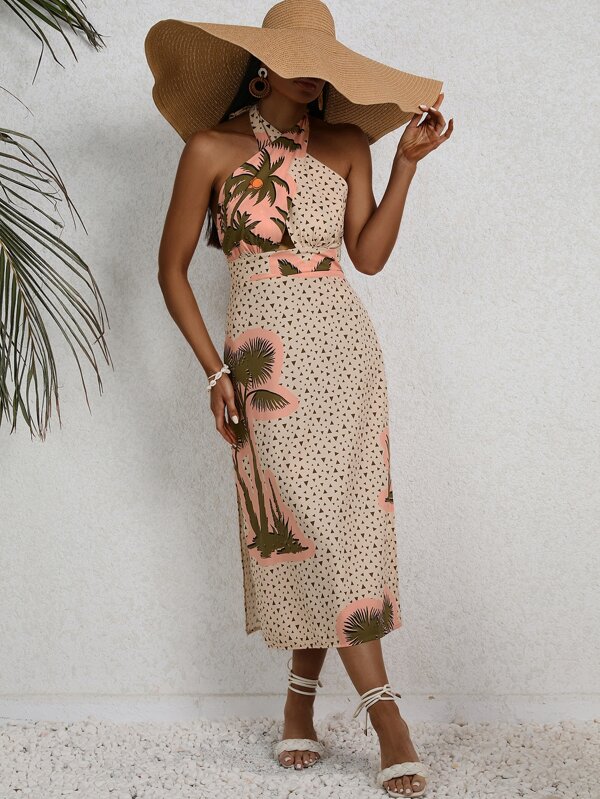 SHEIN VCAY Geo & Plants Print Halter Neck Backless Slit Thigh Dress ...