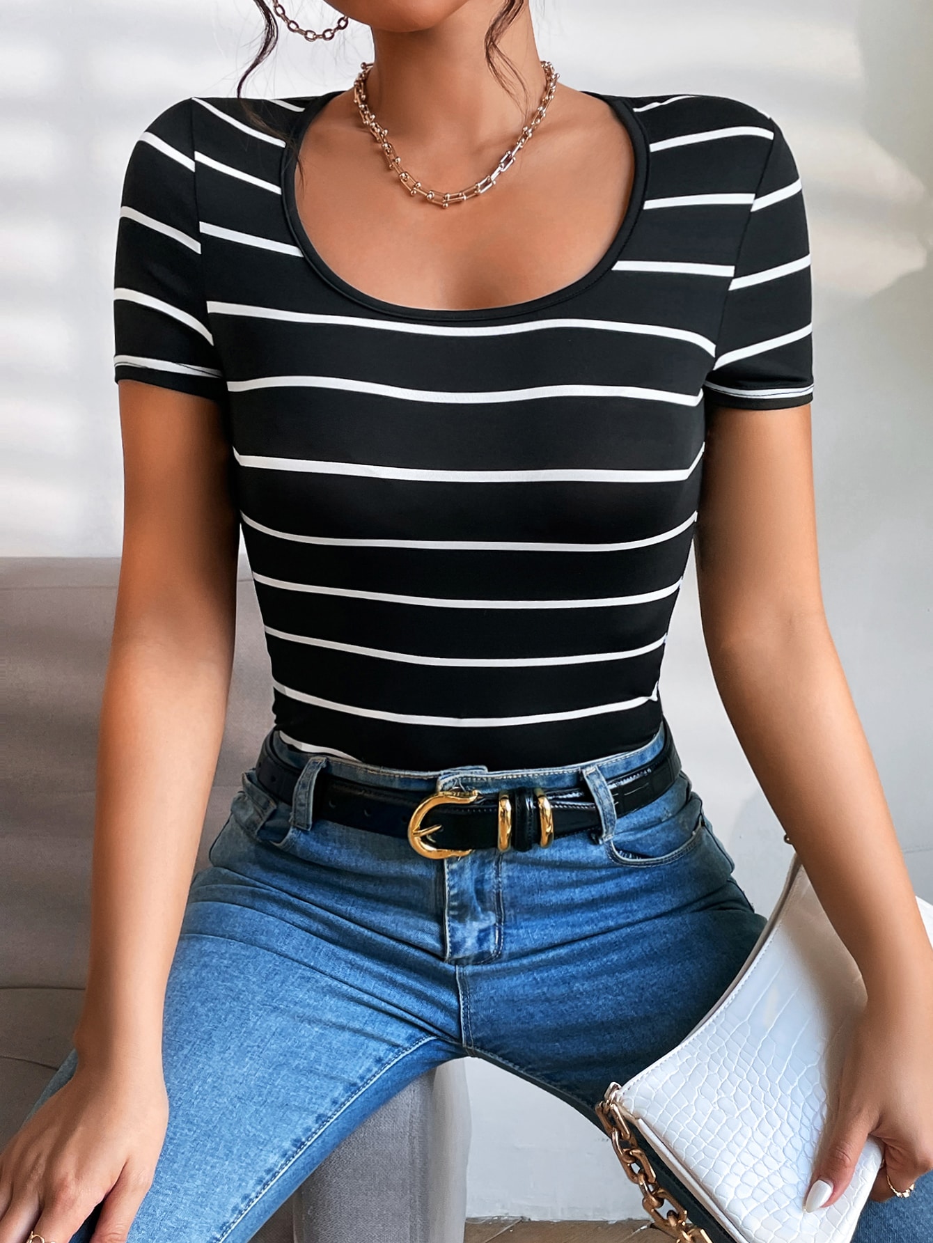 SHEIN Essnce Striped Scoop Neck Tee | SHEIN USA