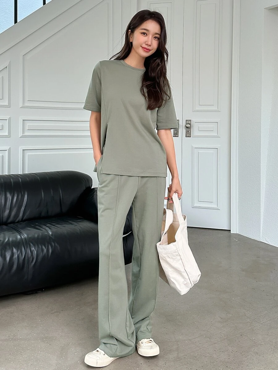 DAZY Solid Split Hem Tee & Slant Pocket Pants,Women Two Piece Sets | SHEIN USA