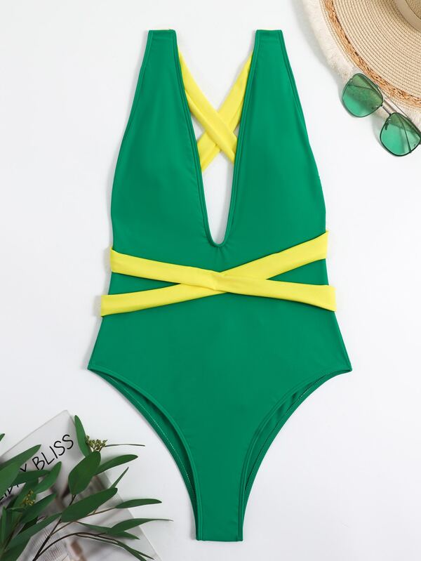Crisscross Knot Plunging One Piece Swimsuit Shein Usa