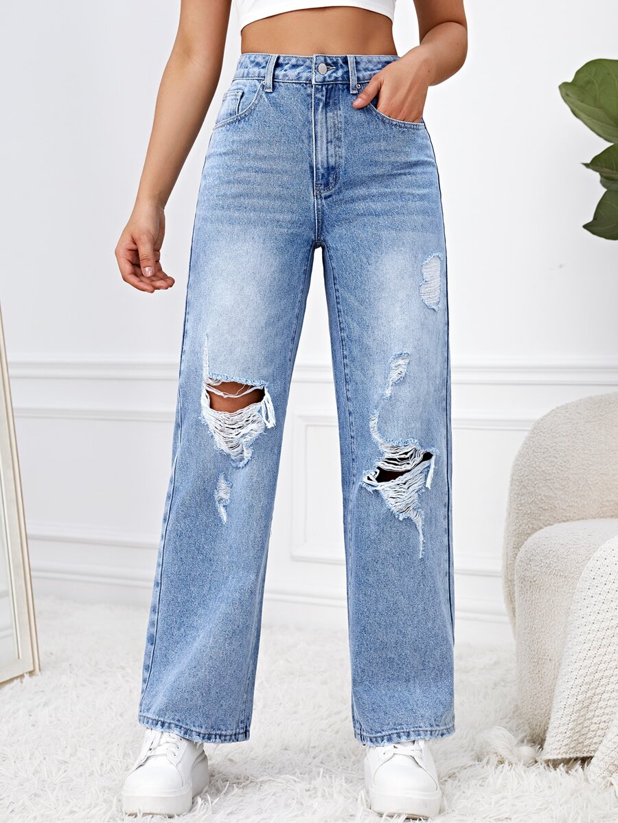 Ripped Wide Leg Jeans | SHEIN USA