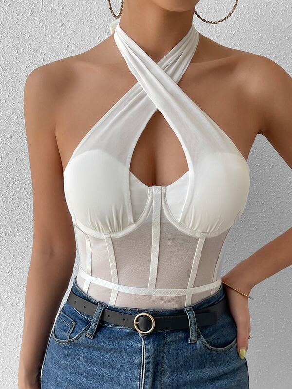 Shein Bae Crisscross Front Mesh Panel Cut Out Backless Bustier Halter