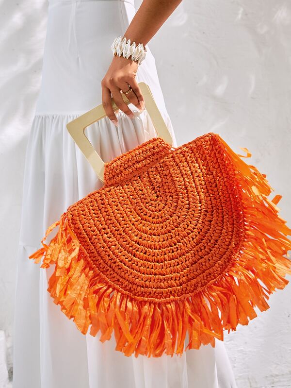 SHEIN VCAY Neon Orange Tassel Decor Straw Bag,Perfect For Summer Beach ...
