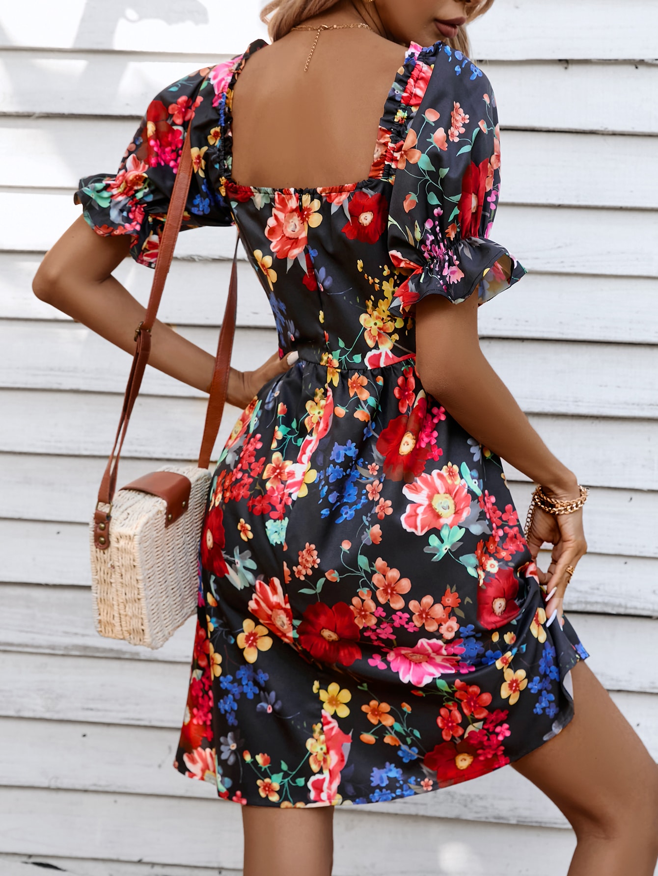 Shein Vcay Floral Print Sweetheart Neck Flounce Sleeve Dress Shein Usa