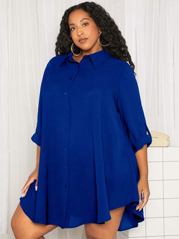 Shein Curve Plus Roll Tab Sleeve Shirt Dress Shein Usa