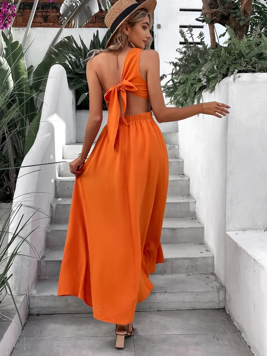SHEIN VCAY One Shoulder Cut Out Waist Tie Backless Split Thigh Dress | SHEIN USA