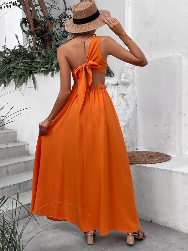 SHEIN VCAY One Shoulder Cut Out Waist Tie Backless Split Thigh Dress | SHEIN USA