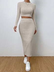 SHEIN Essnce Solid Ribbed Knit Crop Tee & Split Thigh Skirt | SHEIN USA