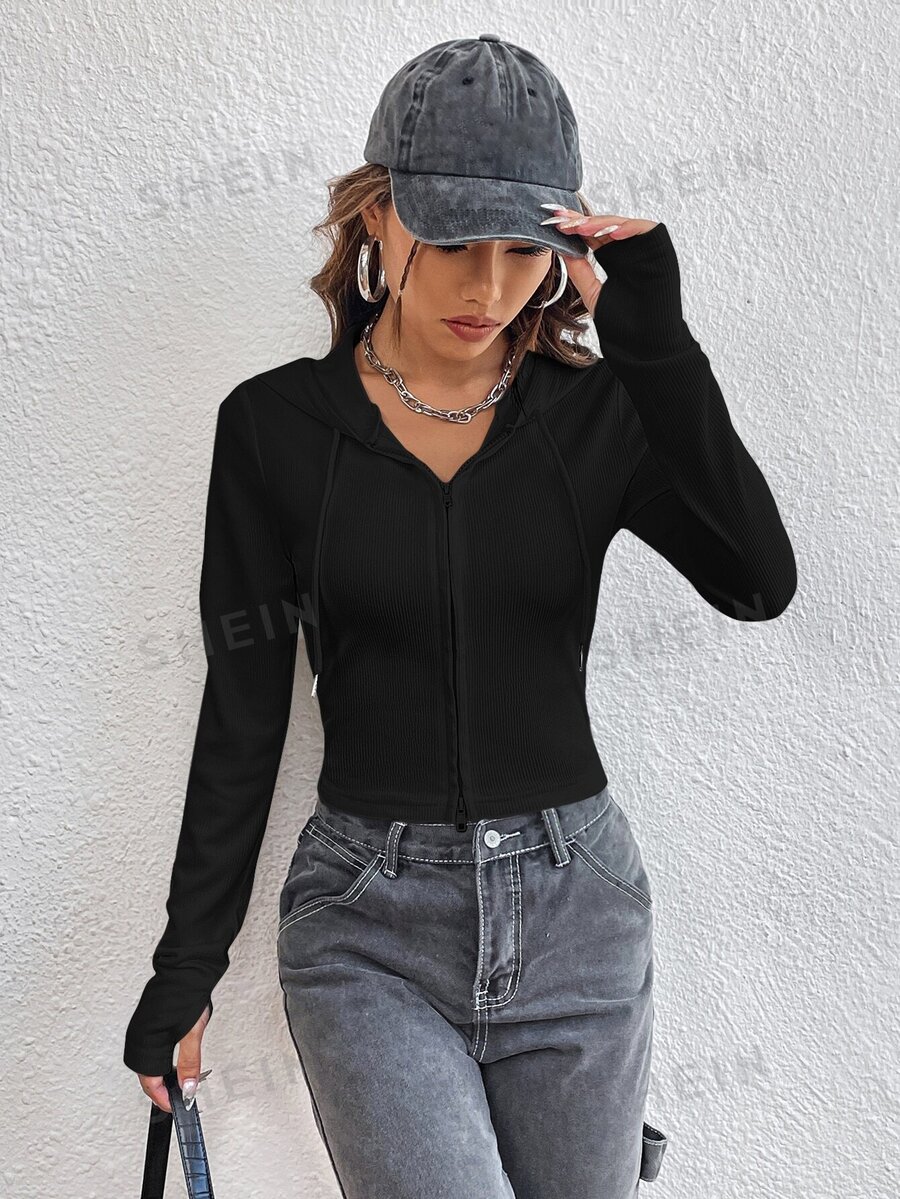 SHEIN EZwear Solid Zip Up Drawstring Hoodie | SHEIN UK