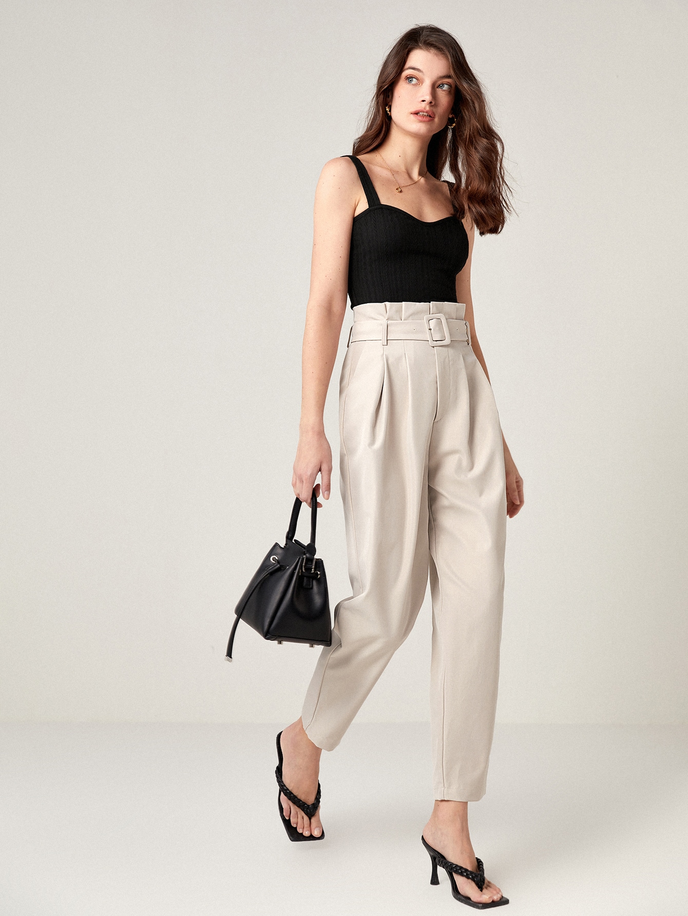SHEIN BIZwear Fold Pleated Belted Pants | SHEIN EUR