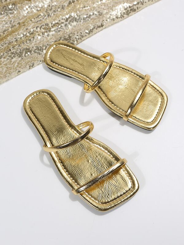 Metallic Double Strap Slide Sandals | SHEIN USA