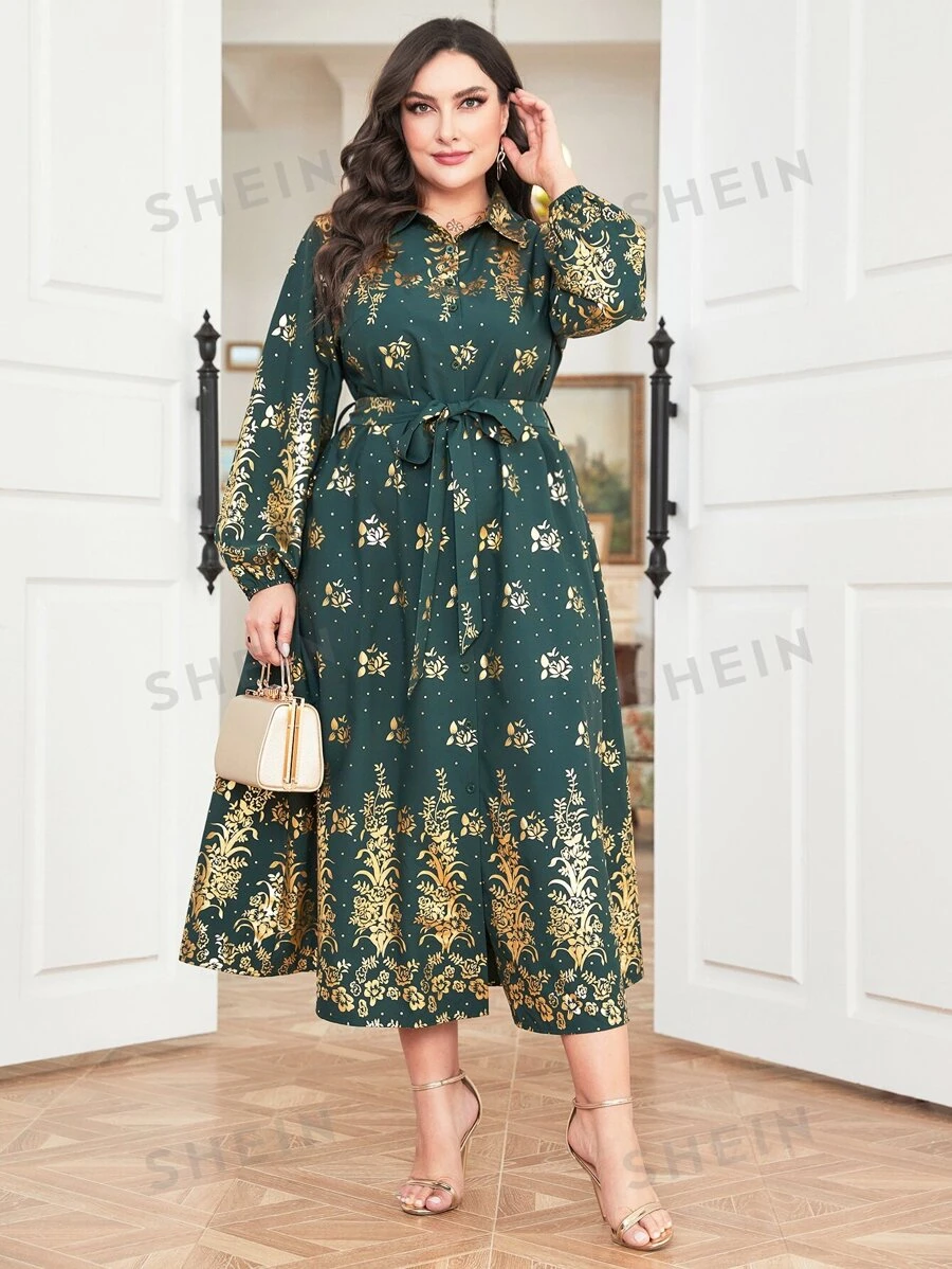 SHEIN Najma Plus Gold Floral Print Lantern Sleeve Belted Shirt Dress ...