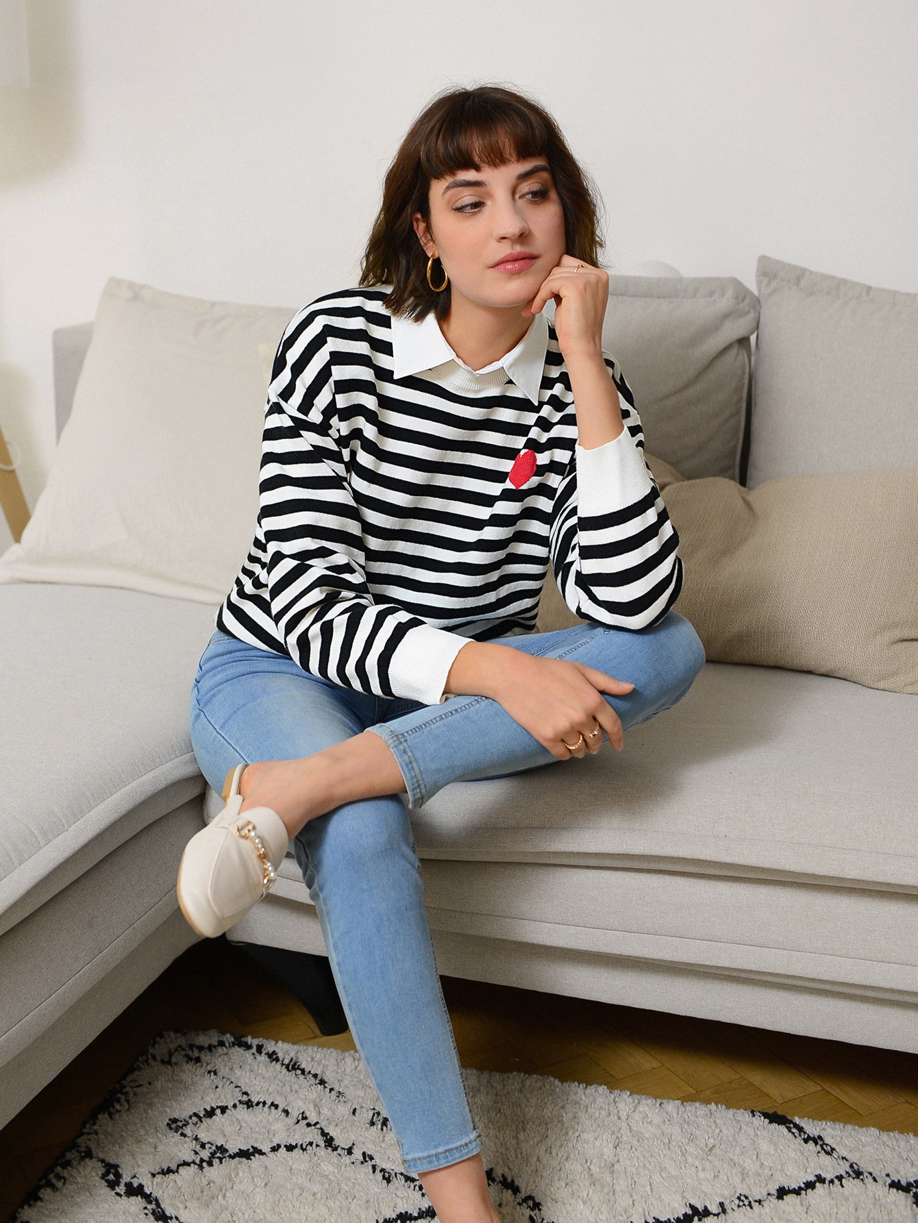 Shein Frenchy Striped And Heart Pattern Drop Shoulder Sweater Shein Usa