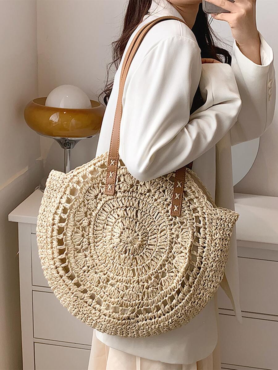 Medium Straw Bag Double Handle, Perfect For Summer Beach Travel ...