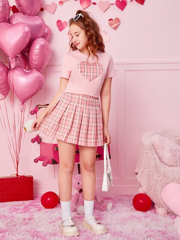 SHEIN Chicas adolescentes Camiseta con estampado de corazón & Falda ...