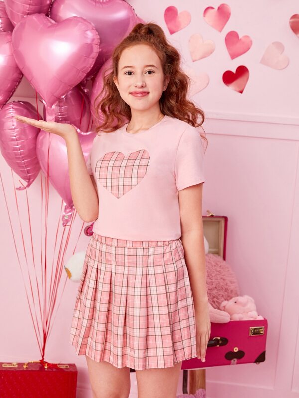 SHEIN Chicas adolescentes Camiseta con estampado de corazón & Falda ...