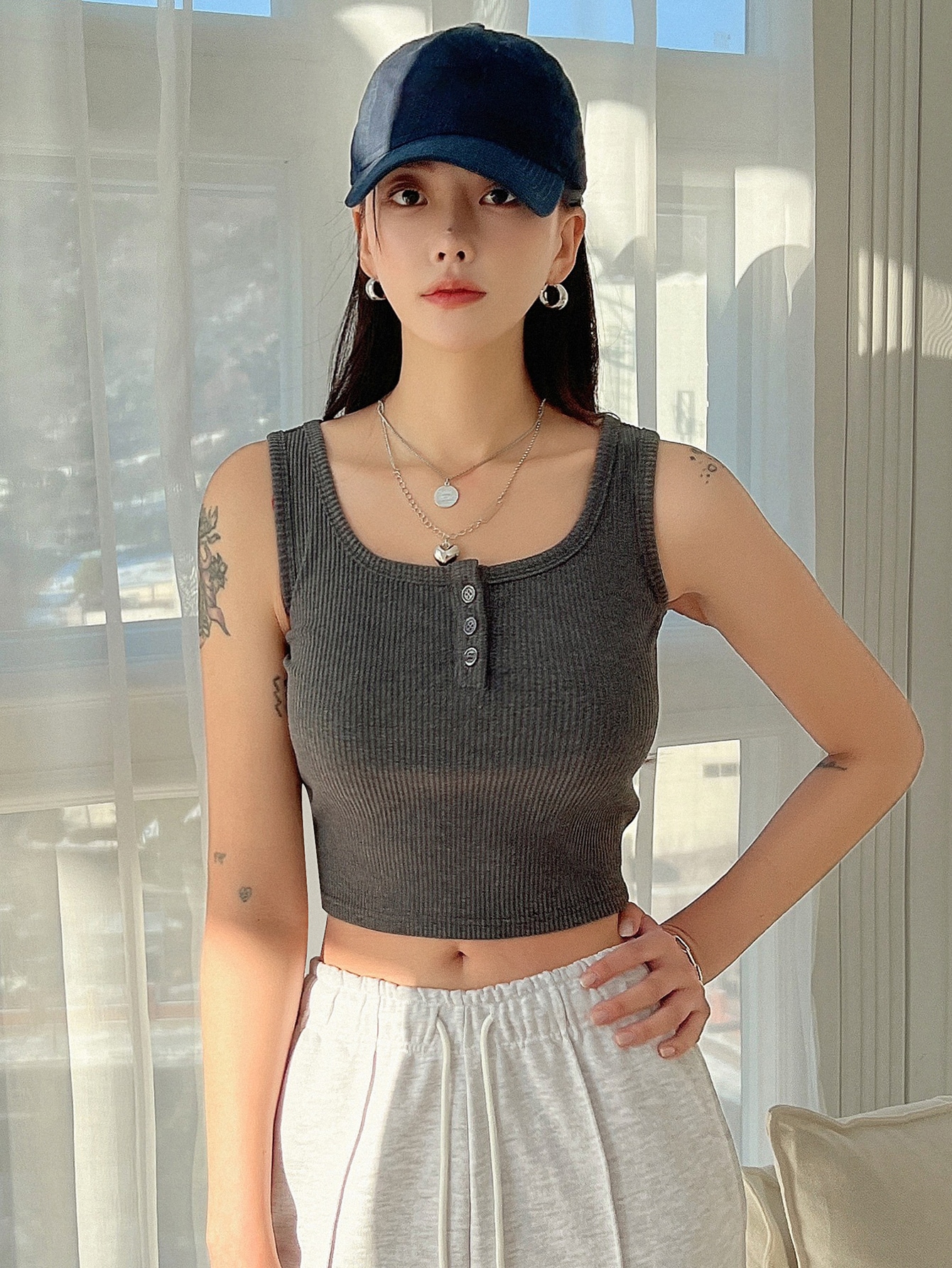 DAZY Half Button Ribbed Knit Crop Tank Top | SHEIN