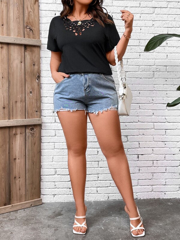 Shein Clasi Plus Laser Cut Out Scallop Trim Tee Shein Usa