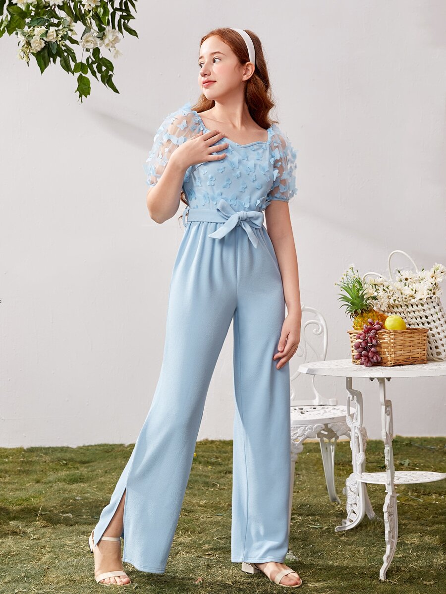SHEIN Teen Girls Contrast Mesh Butterfly Applique Puff Sleeve Belted Jumpsuit | SHEIN USA