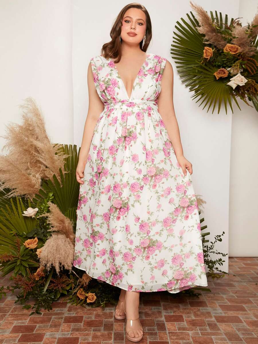 Shein Belle Robe De Demoiselle Dhonneur à Imprimé Floral Décolleté Dos