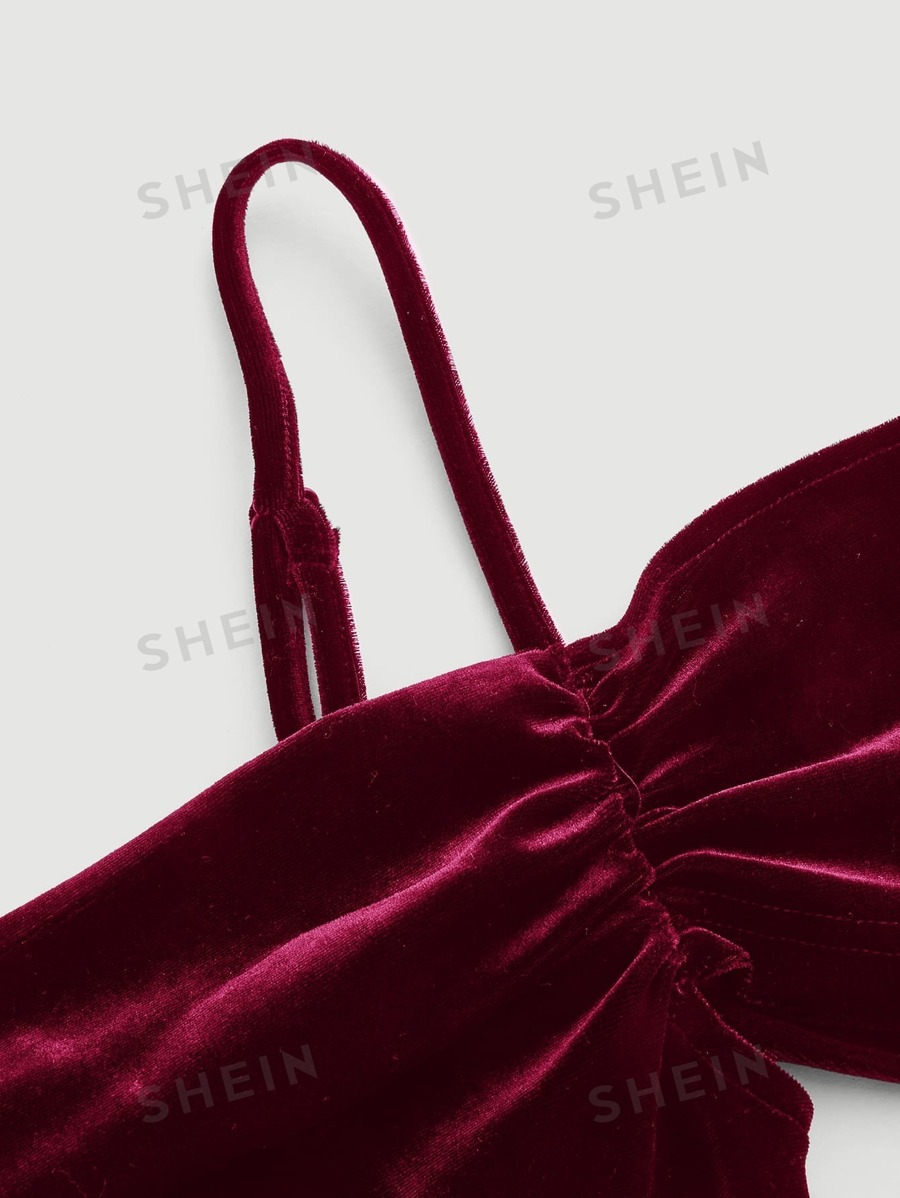 SHEIN MOD Vestido Rojo De Terciopelo Arrugado A Los Hombros Con Cuello Swug, Vestido Corto ...