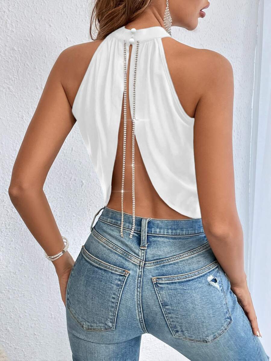 Allurite Crossover Rhinestone Chain Detail Backless Halter Top | SHEIN USA
