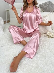 Tie Neck Satin PJ Set | SHEIN USA