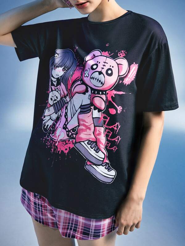 ROMWE Anime Plaid Cartoon Graphic PJ Set | SHEIN UK