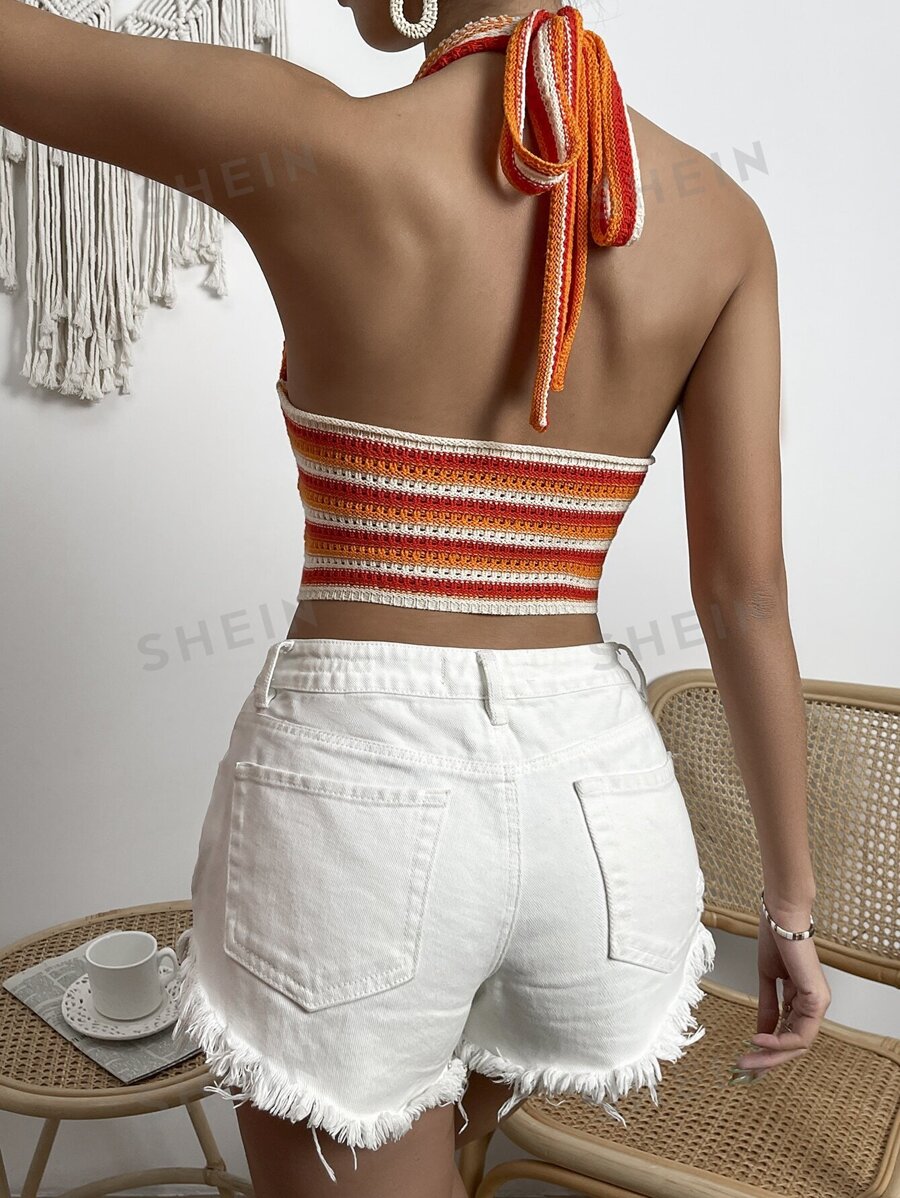 SHEIN VCAY Striped Pattern Backless Halter Knit Top | SHEIN UK