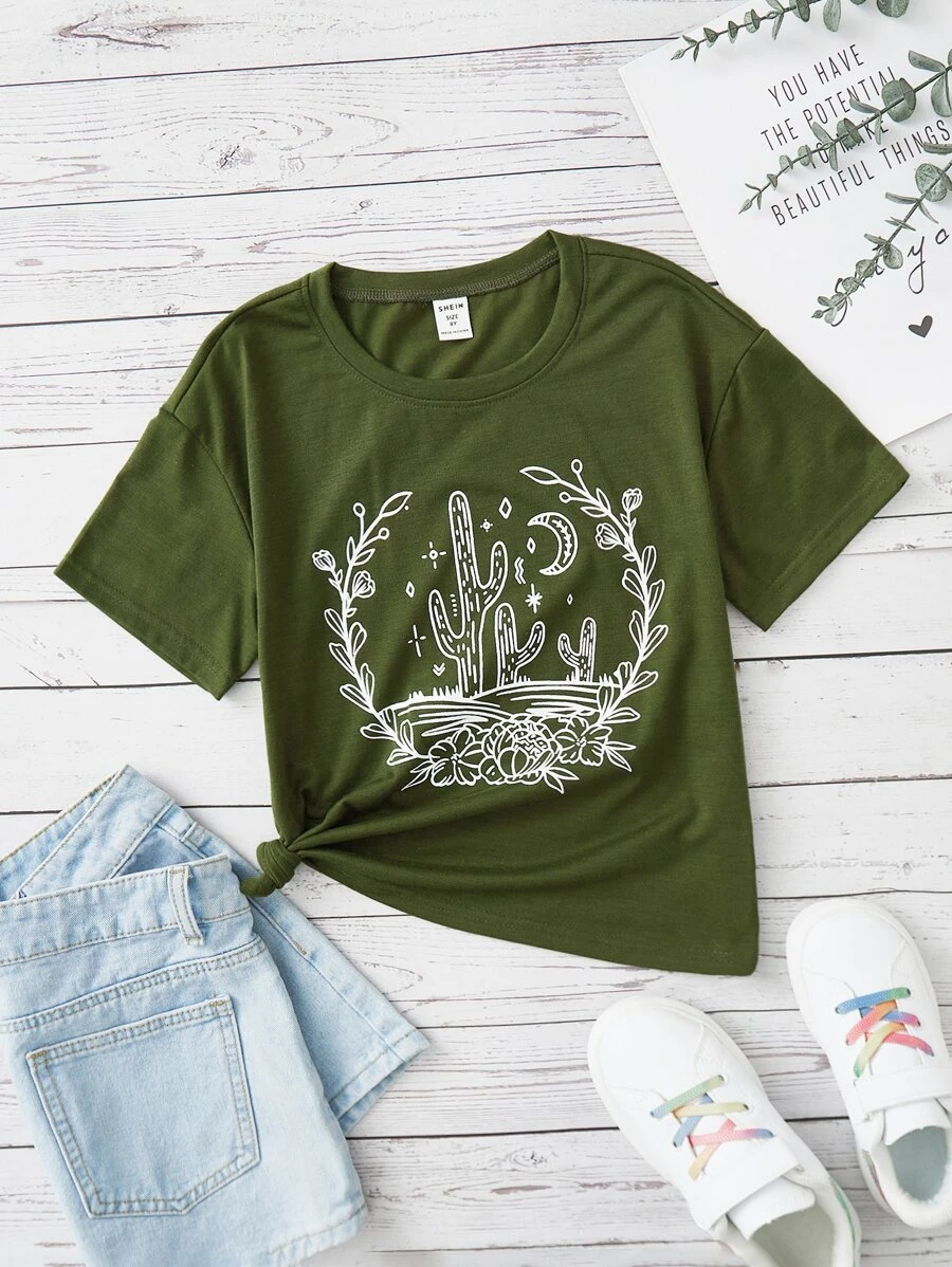 SHEIN Tween Girl 1pc Cactus Print Tee | SHEIN USA