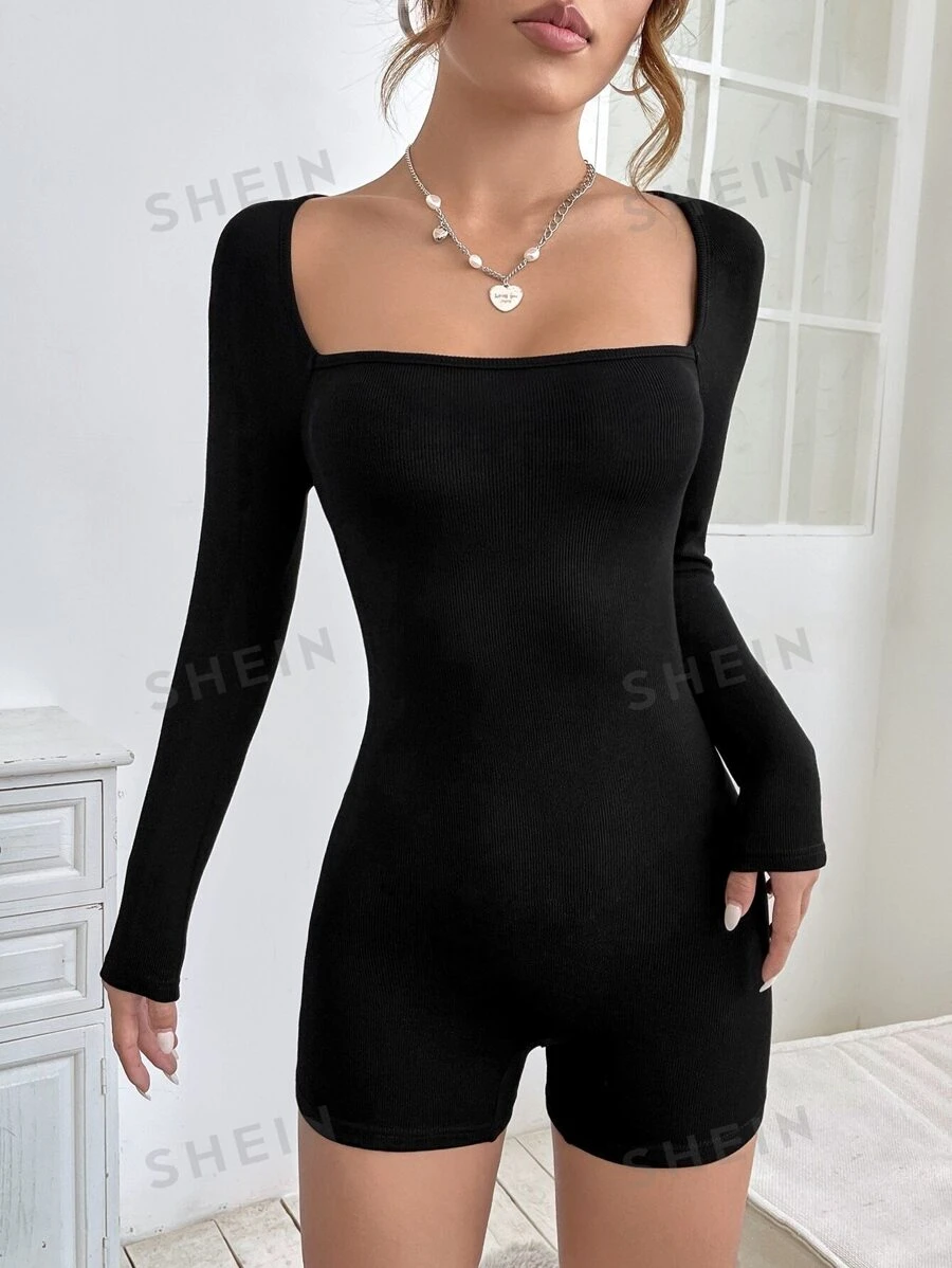 SHEIN PETITE Square Neck Ribbed Knit Unitard Spring Women Romper ...