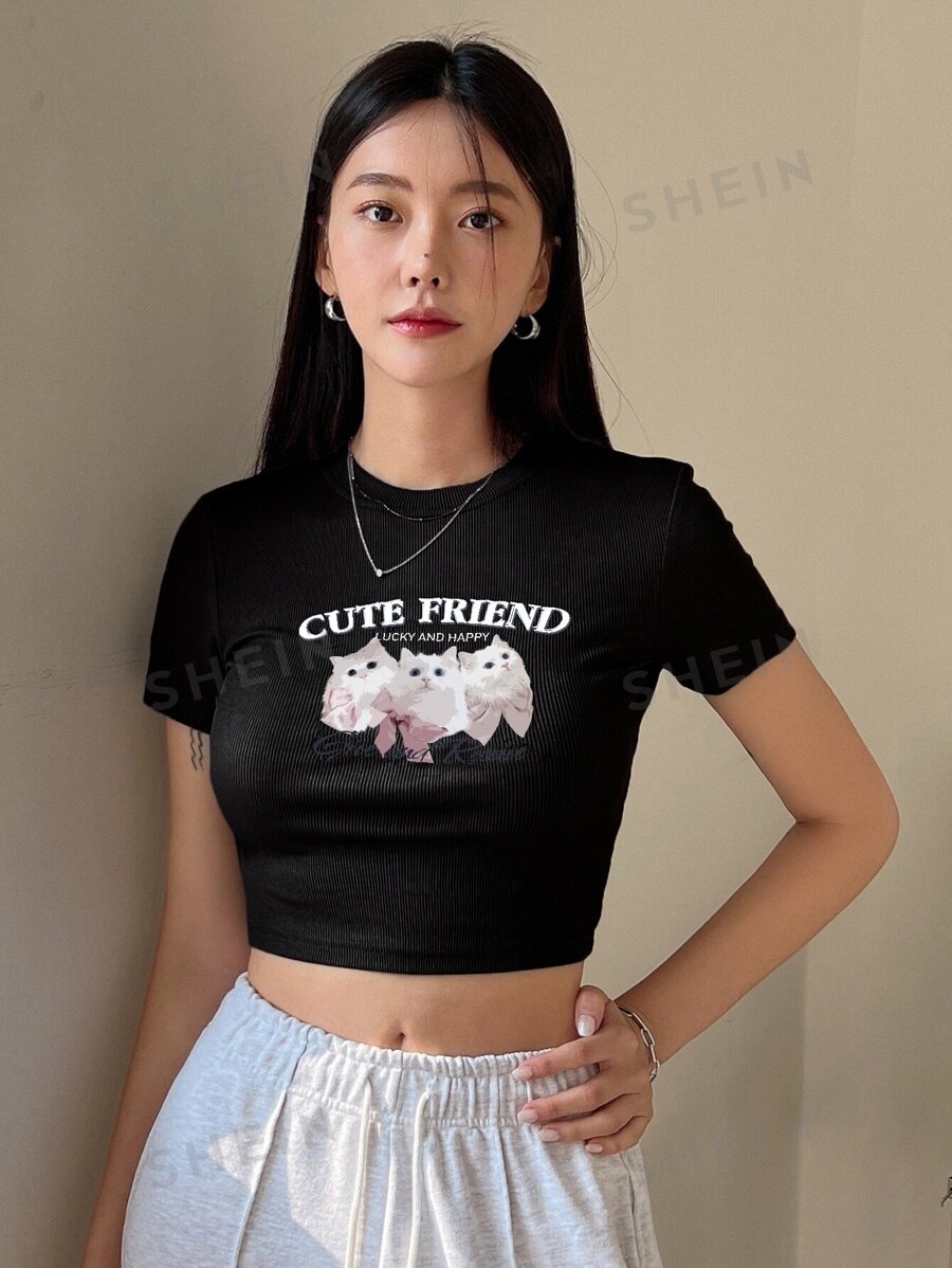 DAZY キャット&レターグラフィック Tシャツ クロップトップ レディース | SHEIN JAPAN