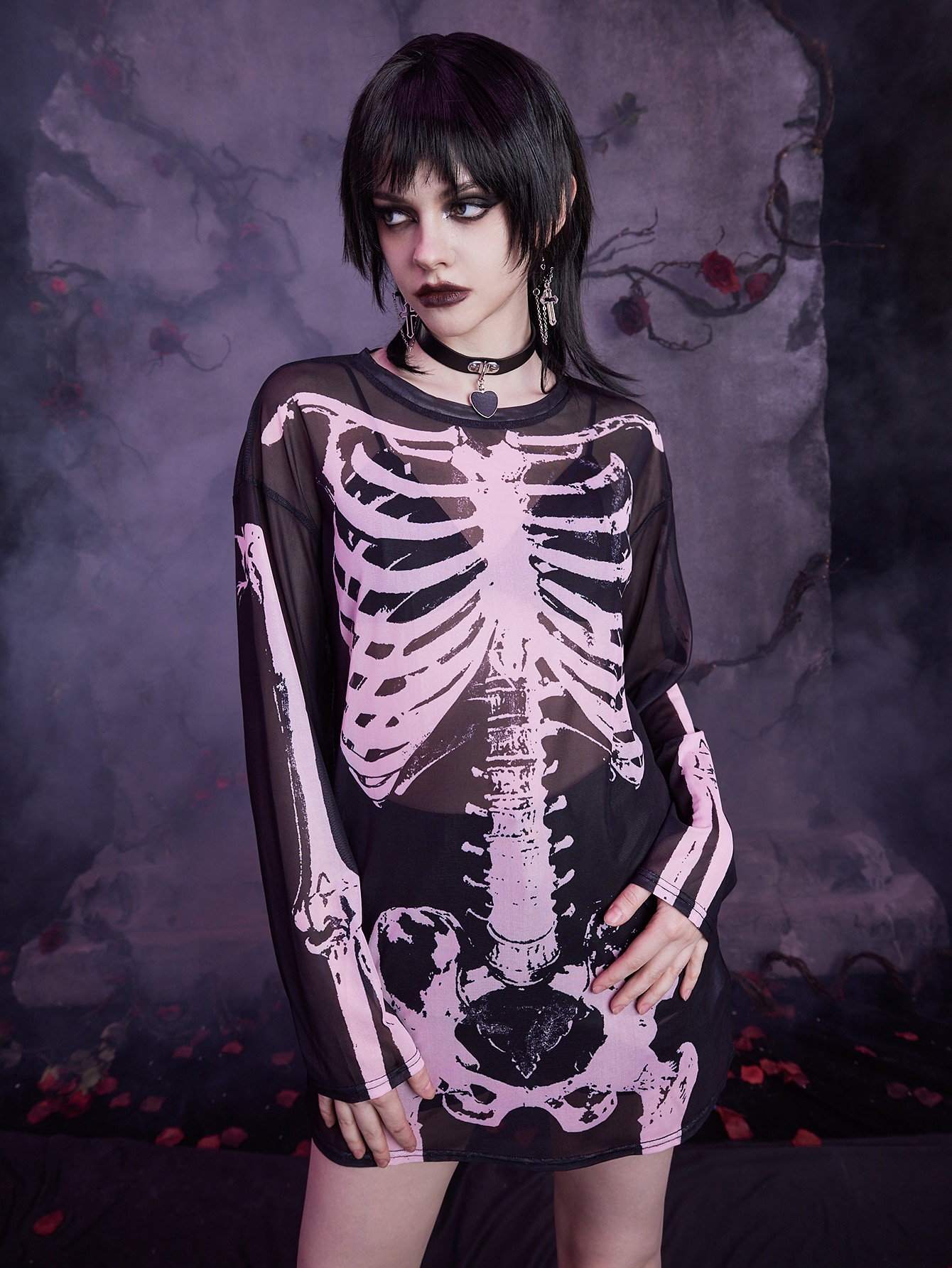 Goth Skeleton Print Mesh Top | SHEIN USA