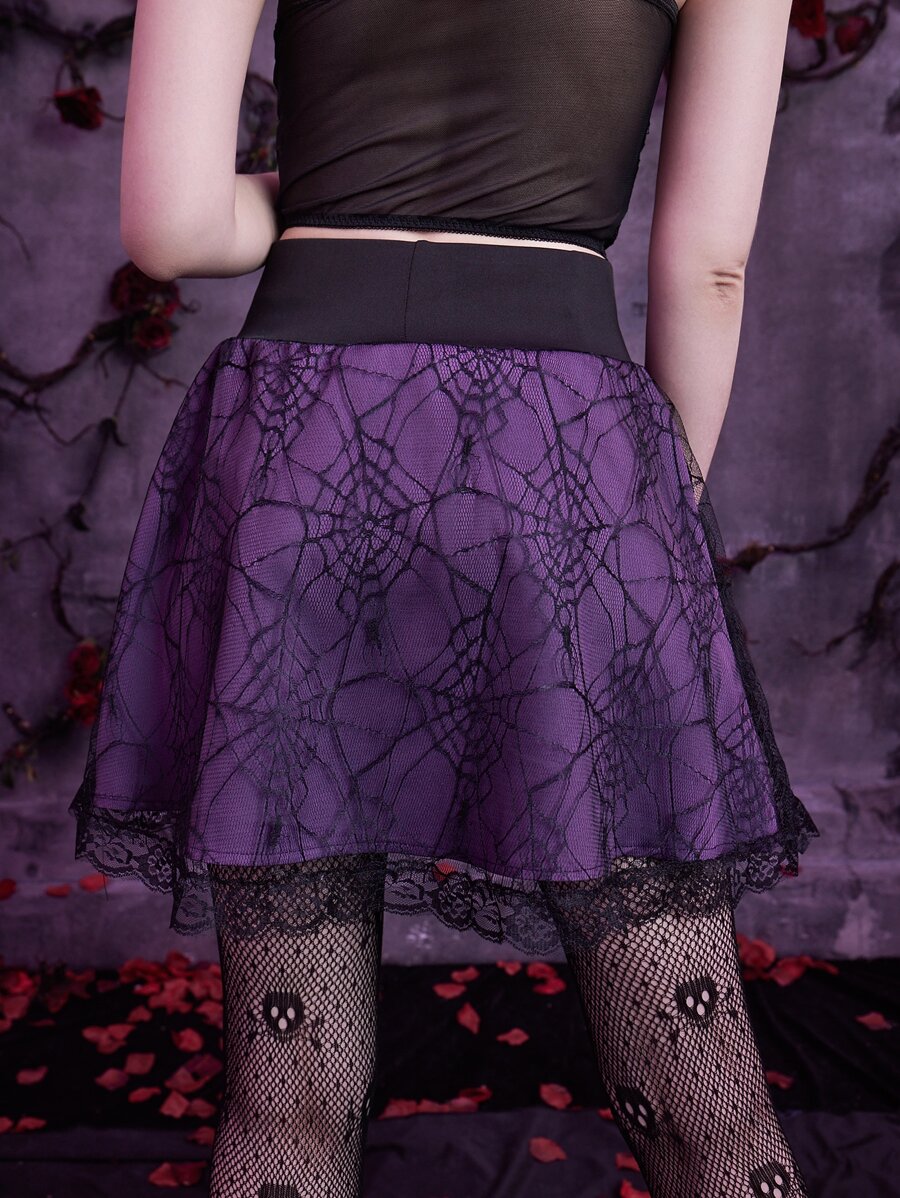 ROMWE Goth Cobweb Print Lace Up Contrast Lace Skirt | SHEIN USA
