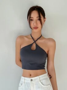 DAZY Solid Criss Cross Tie Backless Crop Halter Top,Back To School Clothes | SHEIN USA