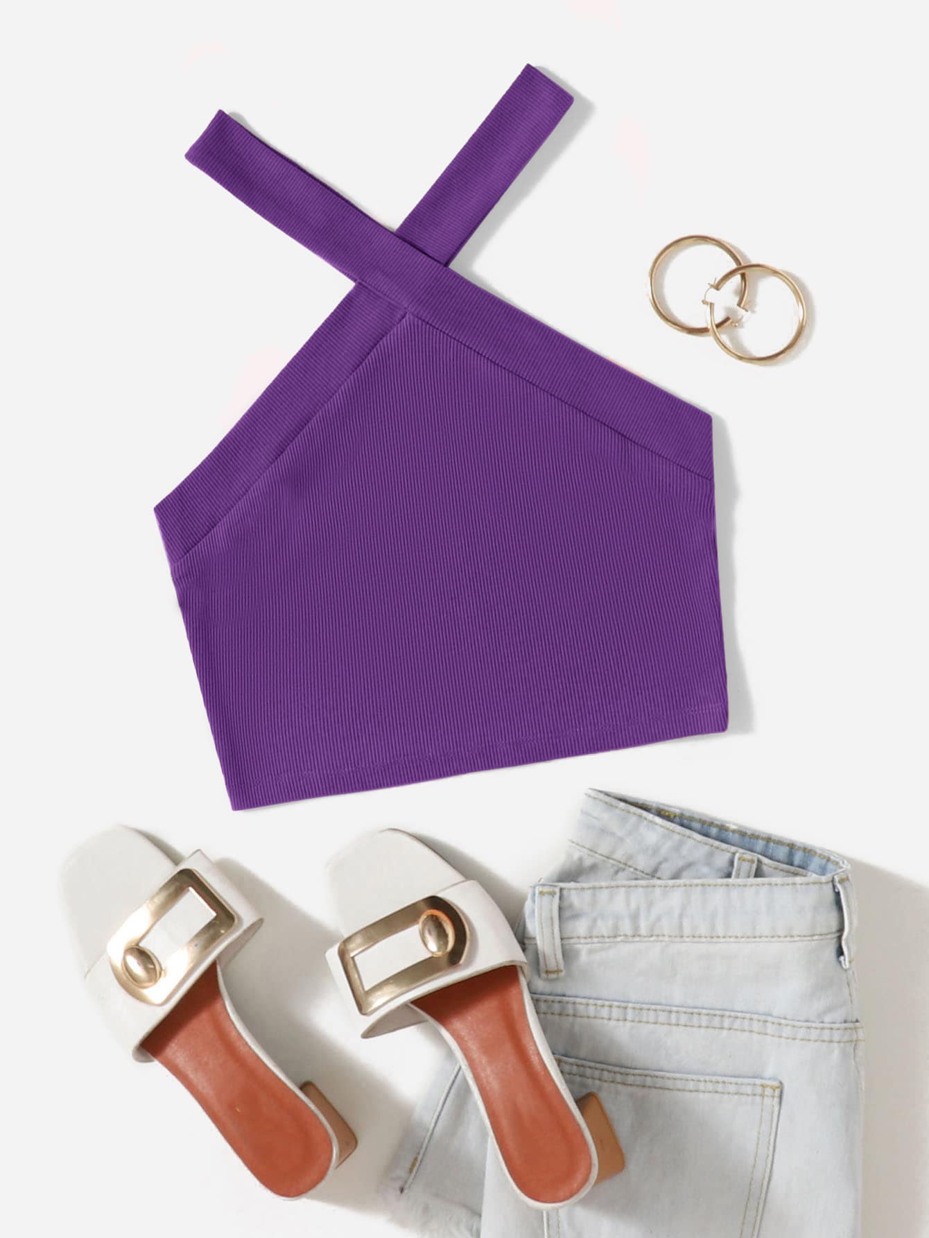 Shein Ezwear Rib Knit Halter Crop Top Shein