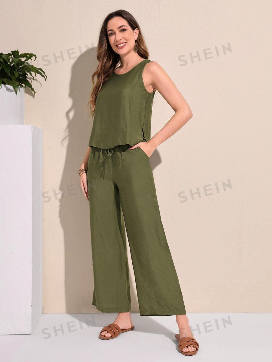 Emery Rose Cut Out Side Tank Top And Drawstring Waist Wide Leg Pants