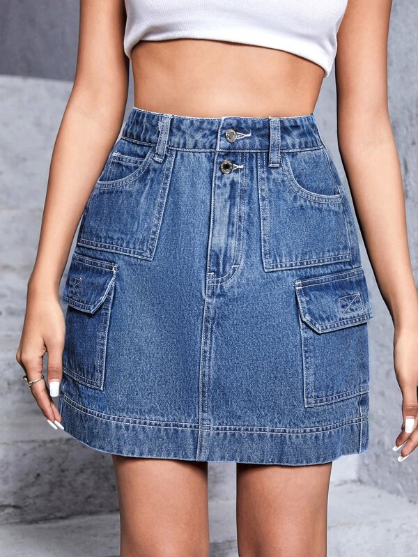 High Waist Flap Pocket Denim Skirt Shein Usa