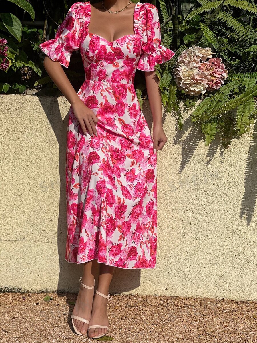 Shein Vcay Floral Print Sweetheart Neck Flounce Sleeve Dress Shein
