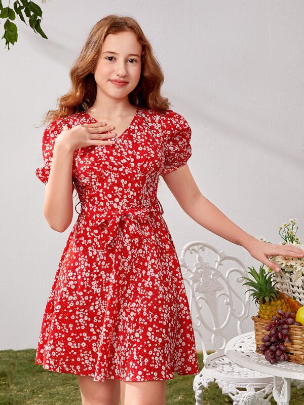 Shein Teen Mädchen Kleid Mit Gürtel Blümchen Muster Puffärmeln