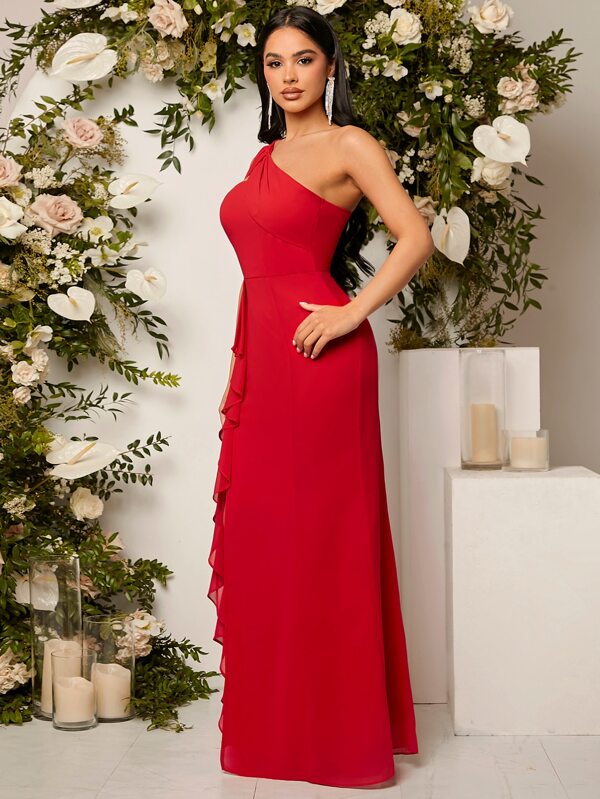 Shein Belle One Shoulder Cut Out Ruffle Trim Split Thigh Chiffon