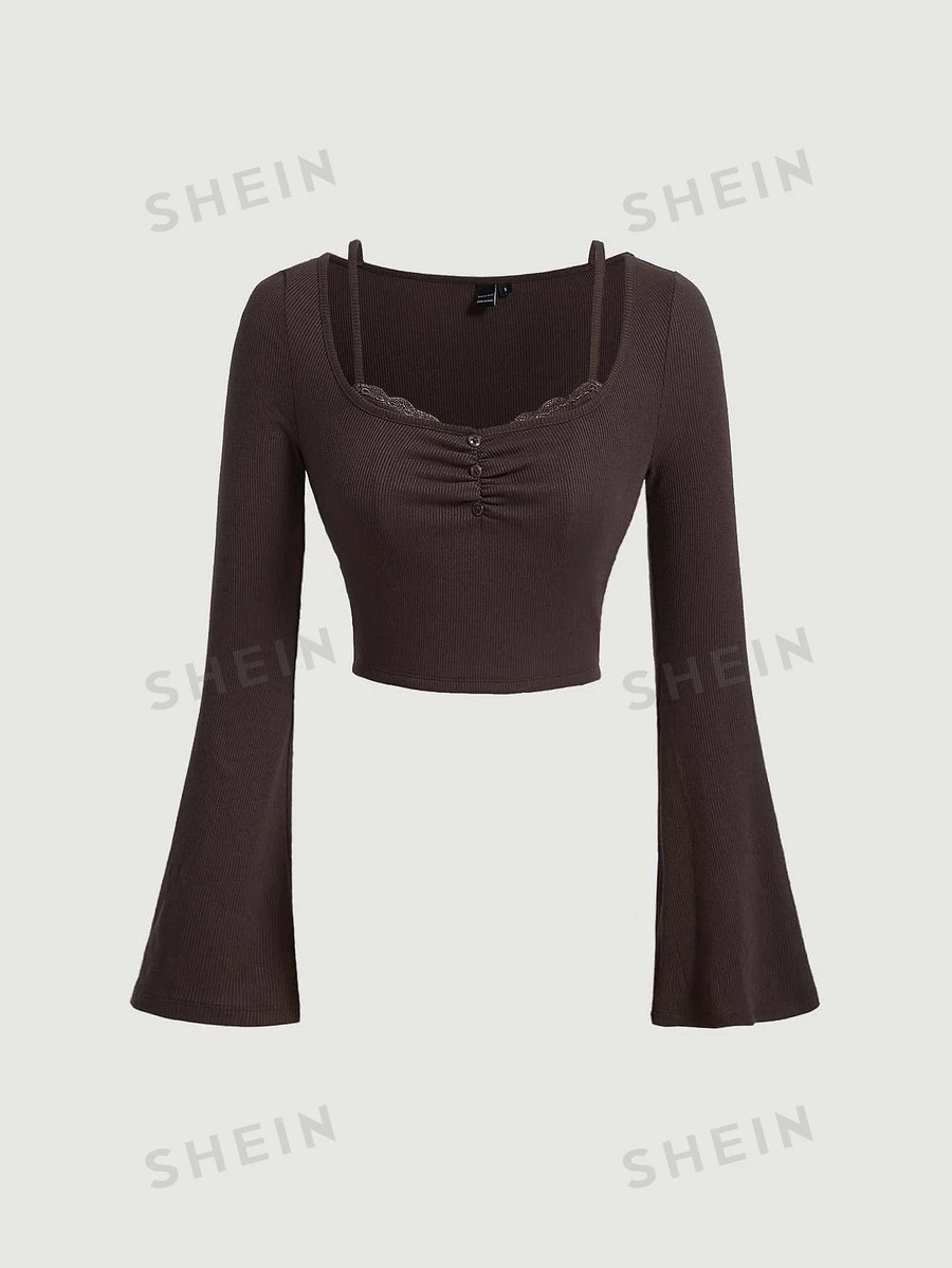 SHEIN MOD Sweetheart Neck Ruched Bust Flounce Sleeve Crop Tee | SHEIN UK