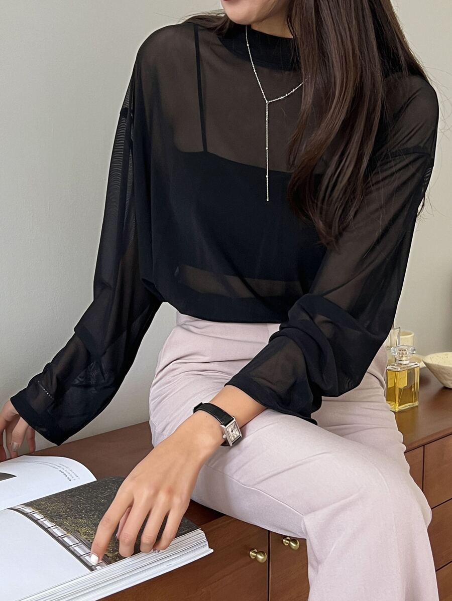 DAZY Mock Neck Drop Shoulder Sheer Top Without Tube Top Going Out Tops ...