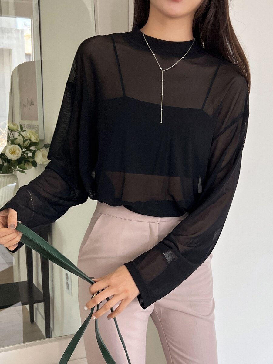 DAZY Mock Neck Drop Shoulder Sheer Top Without Tube Top Going Out Tops ...