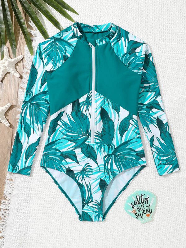Shein Teen Girls Tropical Print Zipper Front One Piece Swimsuit Shein Usa
