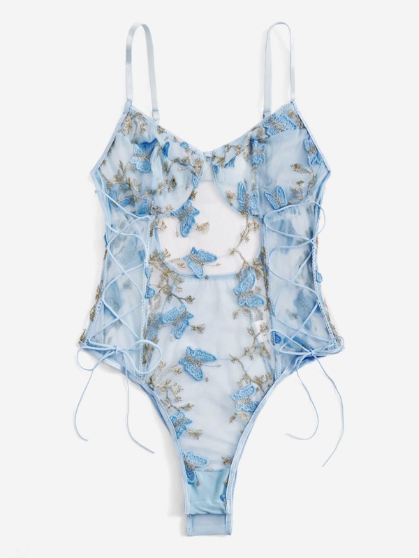 Butterfly Embroidery Sheer Mesh Teddy Bodysuit | SHEIN UK