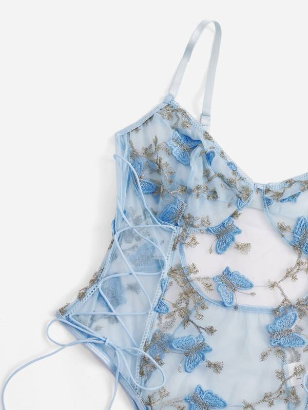 Butterfly Embroidery Sheer Mesh Teddy Bodysuit | SHEIN UK