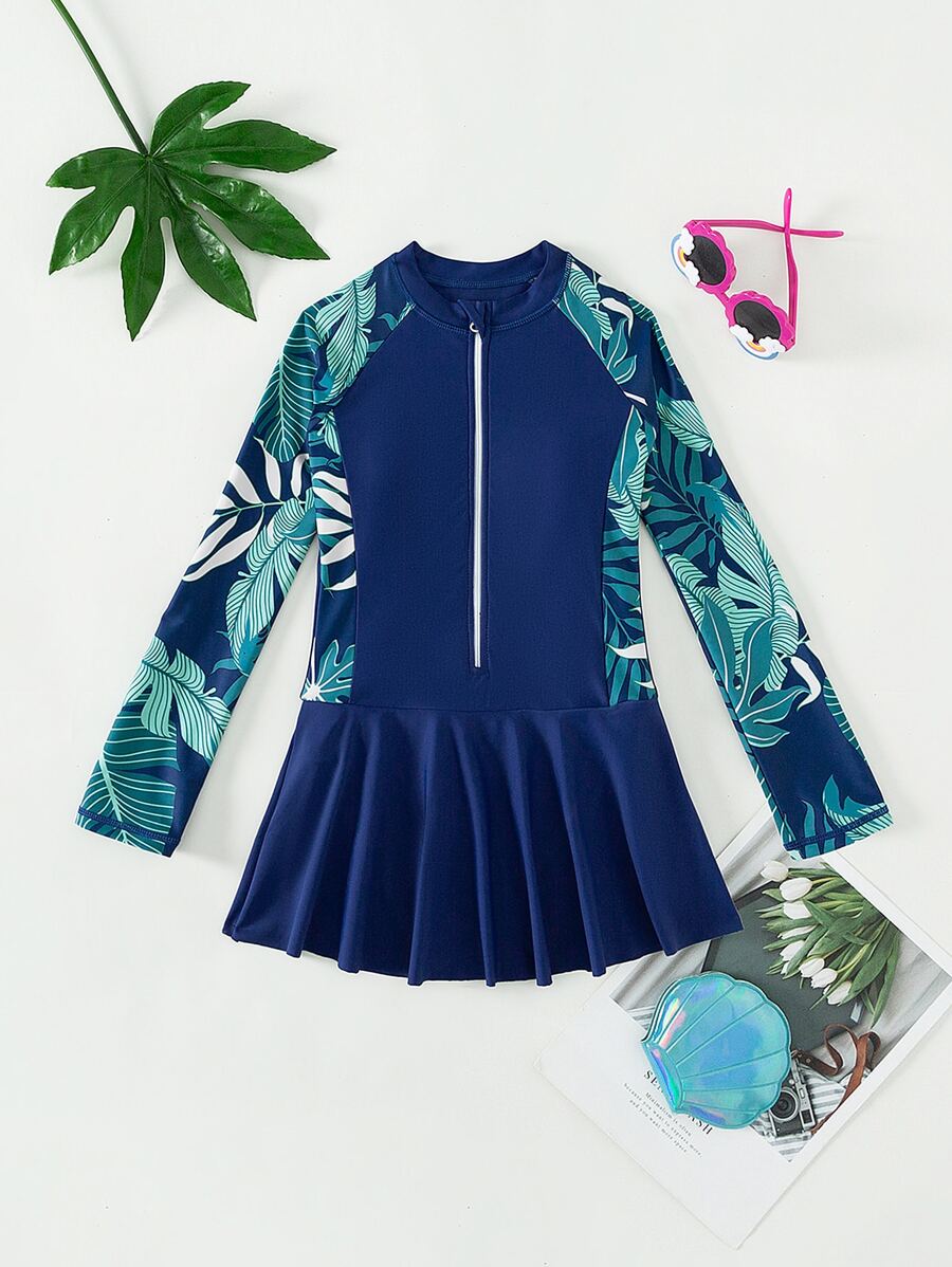 Tween Girl Tropical Print Zipper Front Ruffle Hem One Piece Swimsuit ...