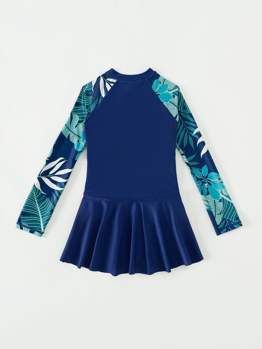 Tween Girl Tropical Print Zipper Front Ruffle Hem One Piece Swimsuit